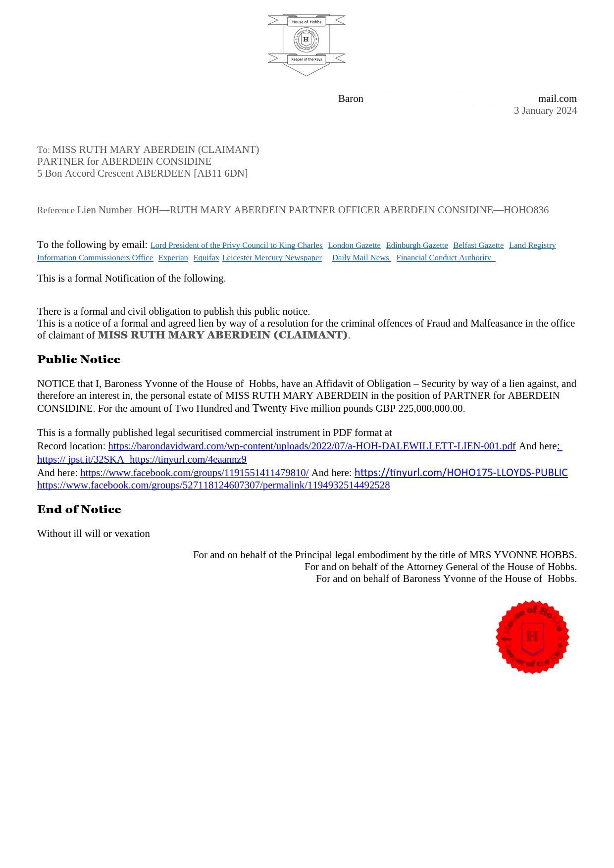 HOHO836 HOH—RUTH MARY ABERDEIN PARTNER OFFICER ABERDEIN CONSIDINE—HOHO836